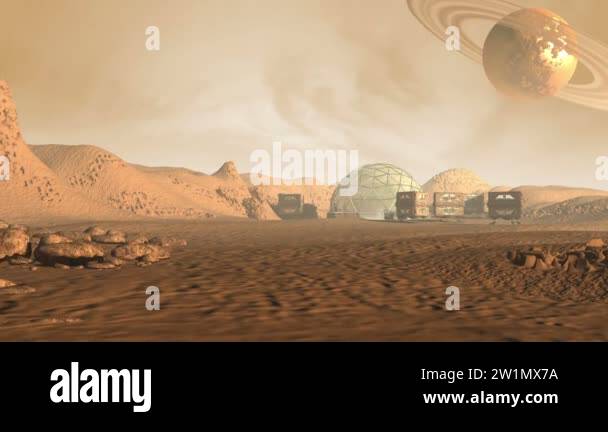 colony on a mars like red planet with astronaut pods dome structure and ...