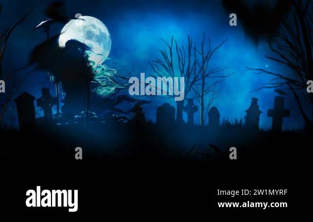 Grim Reaper with Full Moon Tombstones and Bats 4K Loop features a ...