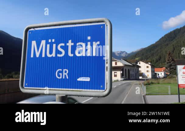 Mustair, Switzerland - September 8, 2020: Local board of Mustair, a ...