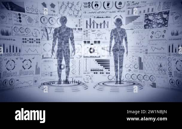 Man and woman virtual body. Human medical hologram animation. Graph ...
