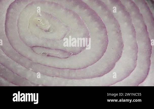 Sliced red onion rings rotating in 4K. Closeup top view of healthy food ...
