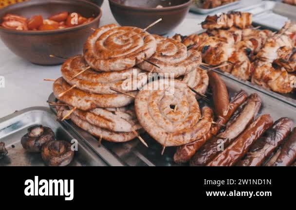 Ready-to-Eat Grilled Meat in a Street Food Shop Window. Ready-made Food ...