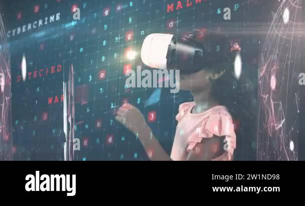 Animation of digital interface data processing warning cyber attack messages with girl wearing ...