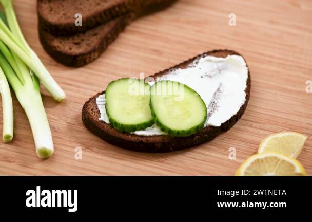 Stop motion animation with smoked salmon toast. Healthy toast of rye ...