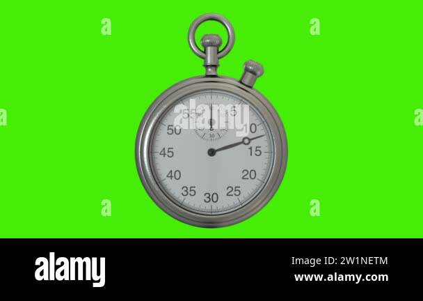 Realistic stopwatch with moving arms measures one minute on green ...