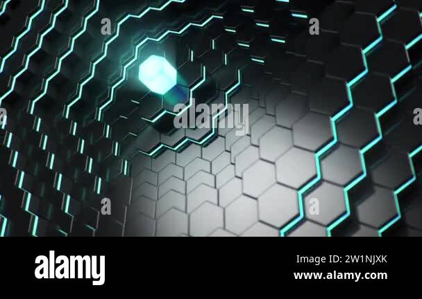 Animation abstract futuristic hexagons moving up, down. Polygon surface with luminous hexagon in ...