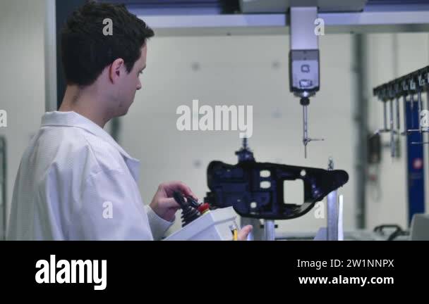 Smiling Quality Engineer Controls Professional 3D Measuring Machine ...