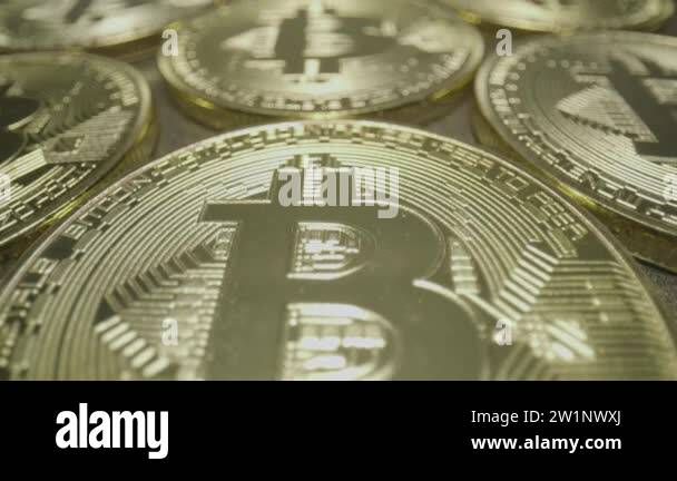 Row of Bit Coins, Vertical. Wide macro lens extreme close up (ECU ...