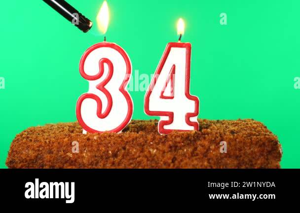 Cake with the number 34 lighted candle. Chroma key. Green Screen ...
