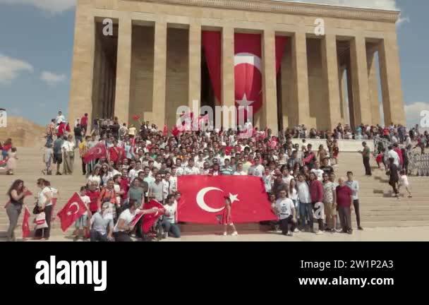 Ankara, Turkey - August 2019: Turkish people with Turkish flags infront ...