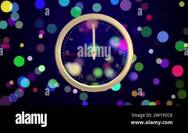 Animated gold clock on colorful confetti falling on a dark blue ...