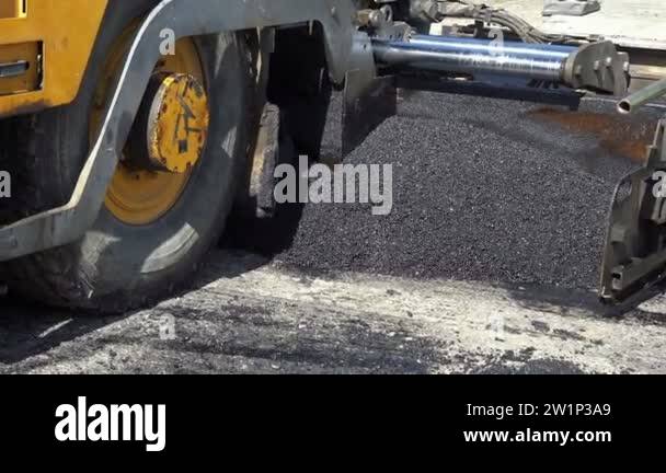 Road Construction Works - New Asphalt Road - Zoom Out Shot. Tarmac ...