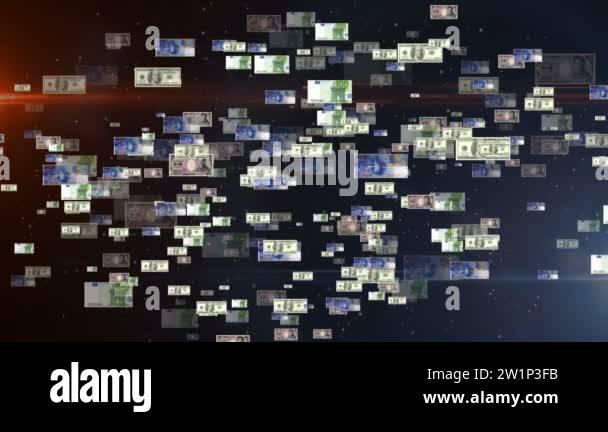 Dollar, Euro, Yen, Swiss Franc banknotes seamless loopable 3d vortex ...