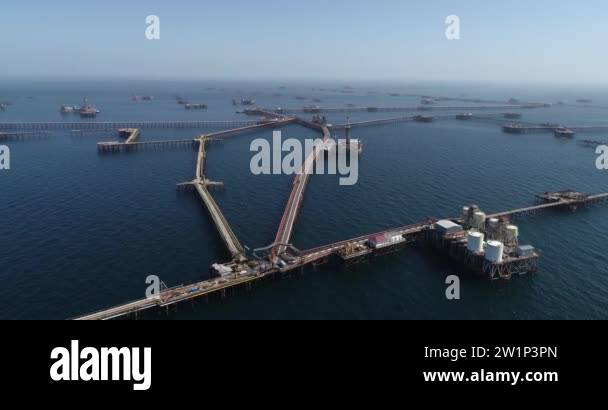 OIL ROCKS the city on the caspian sea. Offshore oil production. Aerial ...