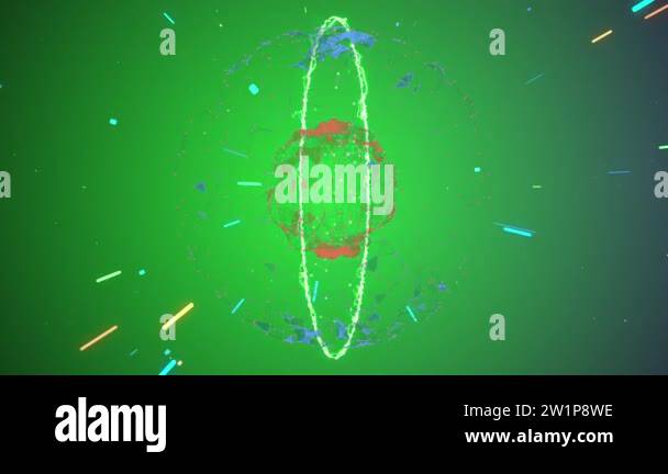 Red plexus sphere inside blue sphere with light ring around rotating ...