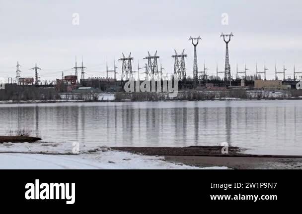 structures and buildings of a hydroelectric power station on the Volga ...
