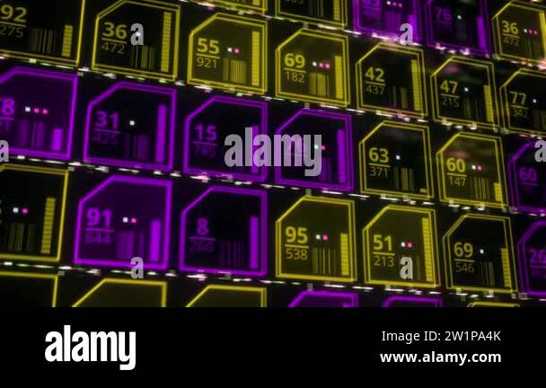 Digital space with computer cells in futuristic style. Animation. Background of many bright neon ...