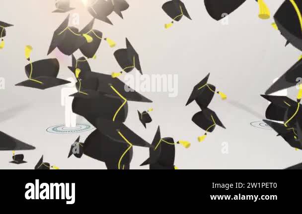 Animation of multiple falling graduation caps over social distancing ...