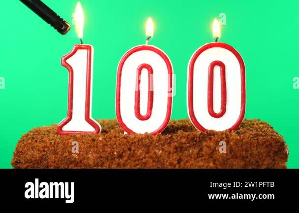 Cake with the number 100 lighted candle. Chroma key. Green Screen ...