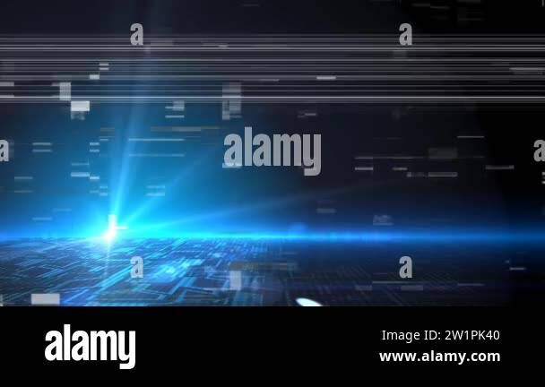 Animation of data processing with cityscape, flickering horizontal lines on glowing dark blue ...