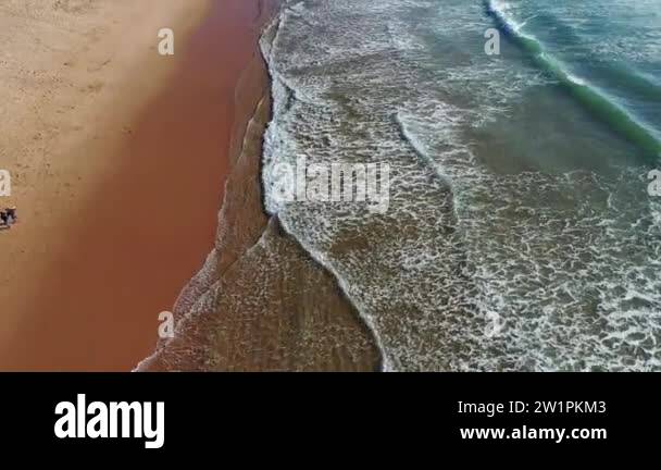 Tropical beach aerial view, Top view of waves break on tropical yellow ...