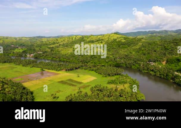 River and green hills. Beautiful natural scenery of river in southeast ...