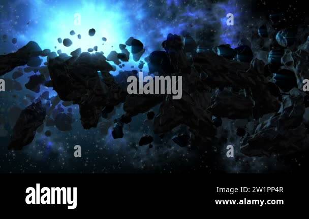 asteroid field spinning around a blue star glow with a dying re planet ...