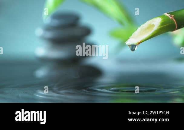 Super slow motion of dripping drops from bamboo, spa and wellness ...