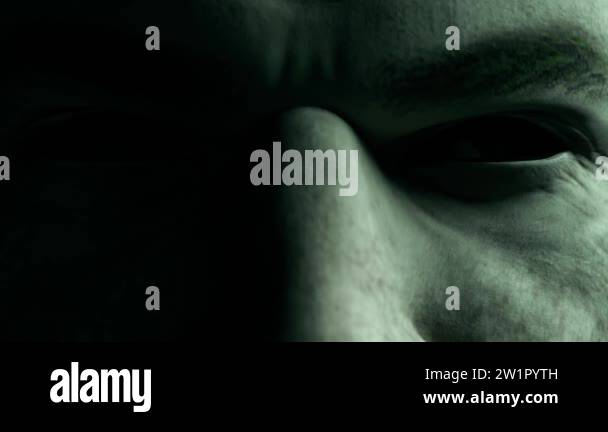 Scary menacing gaze of a man with empty black eyes close-up. Horror ...