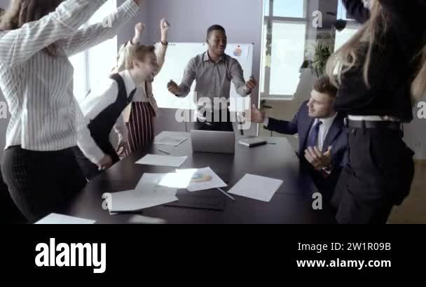 Happy african leader motivate diverse employees business team give high ...