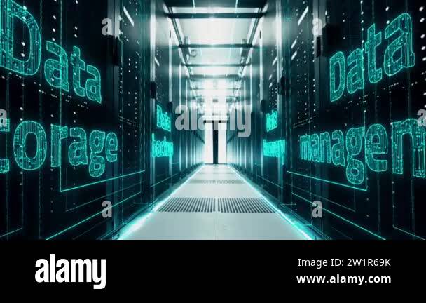 Network and data servers behind glass panels in a server room of a data ...