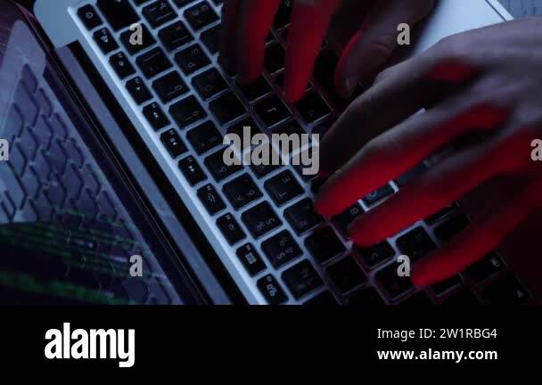 Man Developer Is Scripting Web Programm Hacker Hands Programming On Laptop Screen Close Up