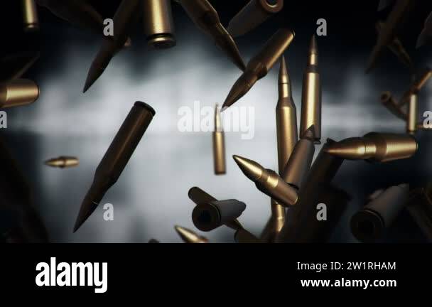 Animation falling of bullets different calibers on dark and blurred ...