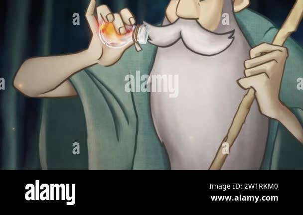 Abstract animation of an old wizard making a potion above boiling pot ...