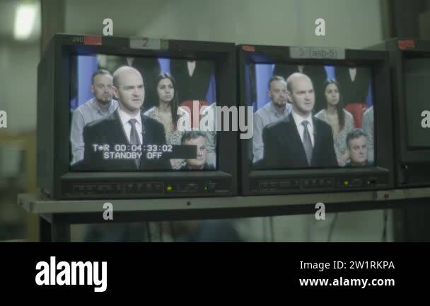 Monitor monitors in a TV studio during TV recording. Control room Stock ...