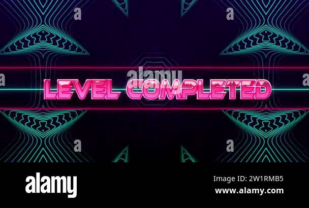 Animation of video game screen with Level Completed text in pink ...