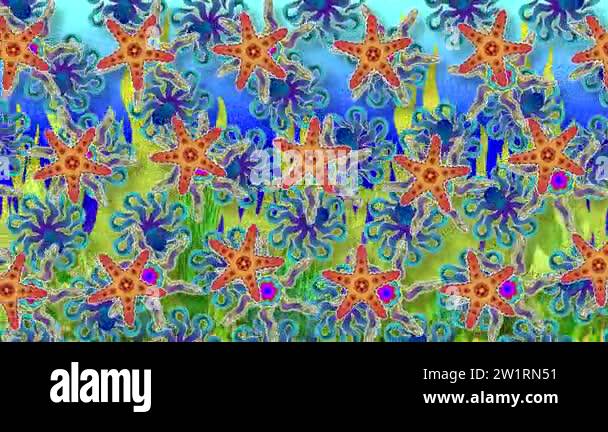 Abstract animated film with sea animals swimming horizontally with ...