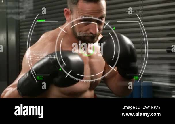 Animation of a turning scope scanning and analytics with a shirtless ...