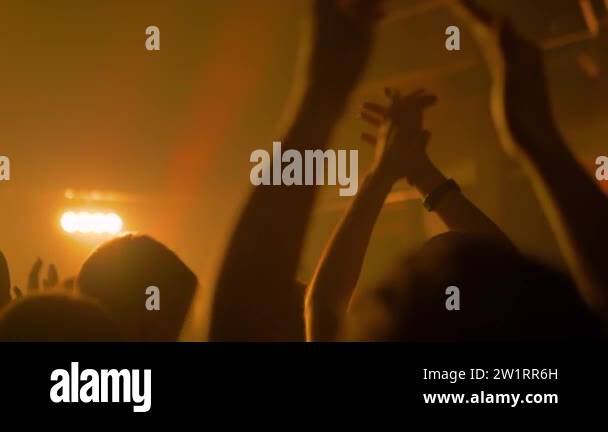 Super slow motion: silhouettes of people partying and clapping at rock ...