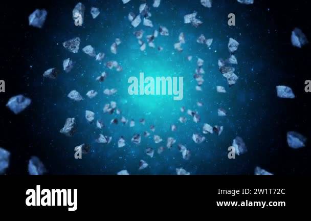 Flying many asteroids in deep space background. Broken splash explosion ...