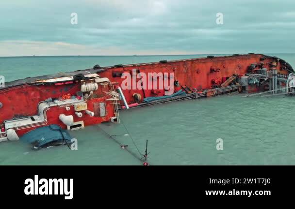 The wreck of the ship, the tanker. The ship with navigation equipment turned on its side ...