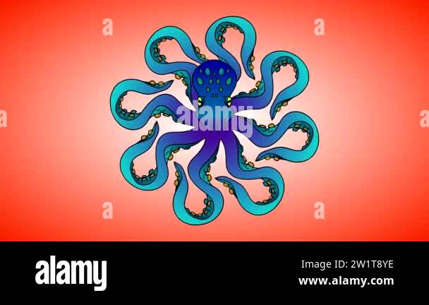 The drawn octopus rotates its tentacles in close-up with the alpha ...