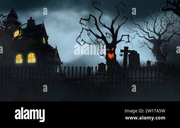 Haunted House with Tombstones and Animated Tree 4K Loop features a ...
