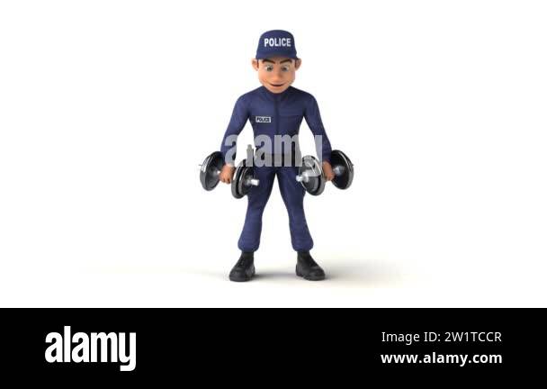 Fun 3D animation of a cartoon Police Officer exercicing with weights ...