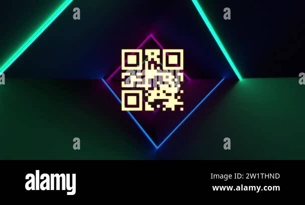 Animation of flickering white QR code with green, pink and blue neon lines on green background ...