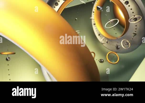 Background 3D animation of a Golden spiral and moving rings, spheres ...