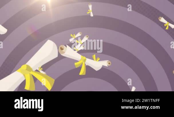 Animation of multiple falling diplomas with floating circles in the ...