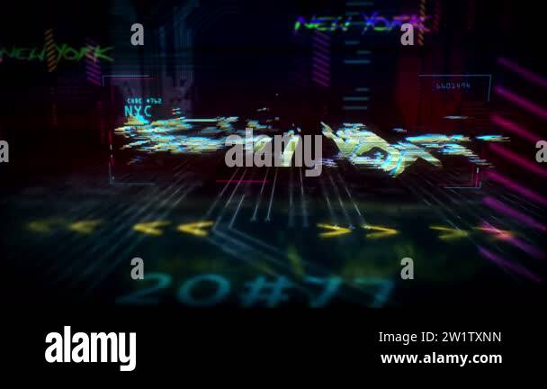New York city futuristic cyberpunk style animation. Modern abstract art 3d rendering hologram ...