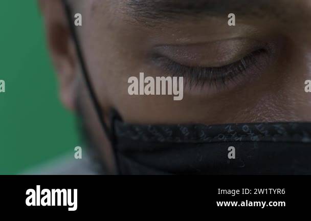 Blinking Asian Male Right Eye Close Up Wearing Face Mask. Macro, Green ...