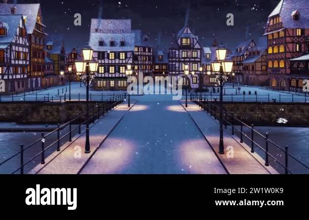 Cozy snow covered medieval town on the river with traditional half ...